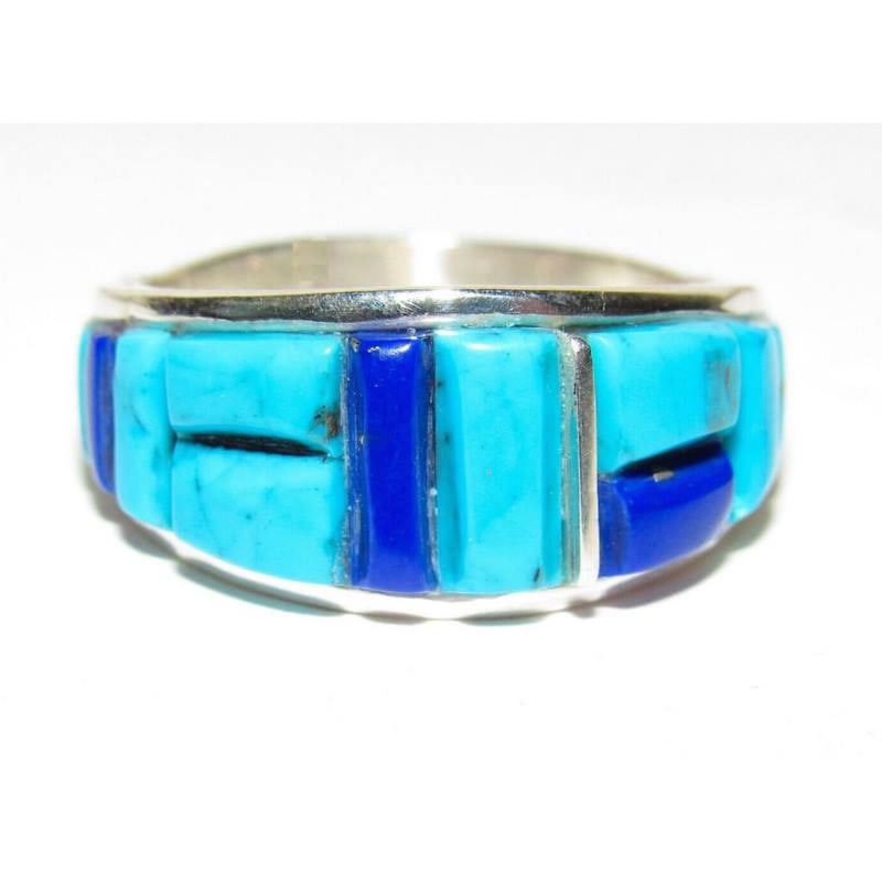 Navajo Turquoise Lapis Cobble Inlay Ring Sz 8 Sterling Silver Edison ...