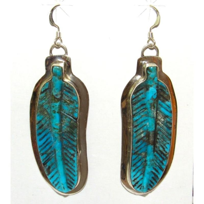 Navajo Sterling Silver Carved Turquoise Feather Dangle Earrings J ...