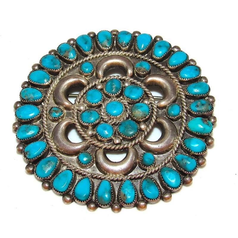 Old Pawn Navajo Turquoise Cluster Brooch Pin Vintage Auction