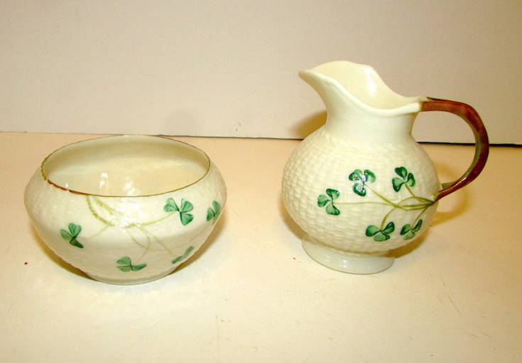 Irish Belleek Shamrock Pattern Creamer Sugar Bowl