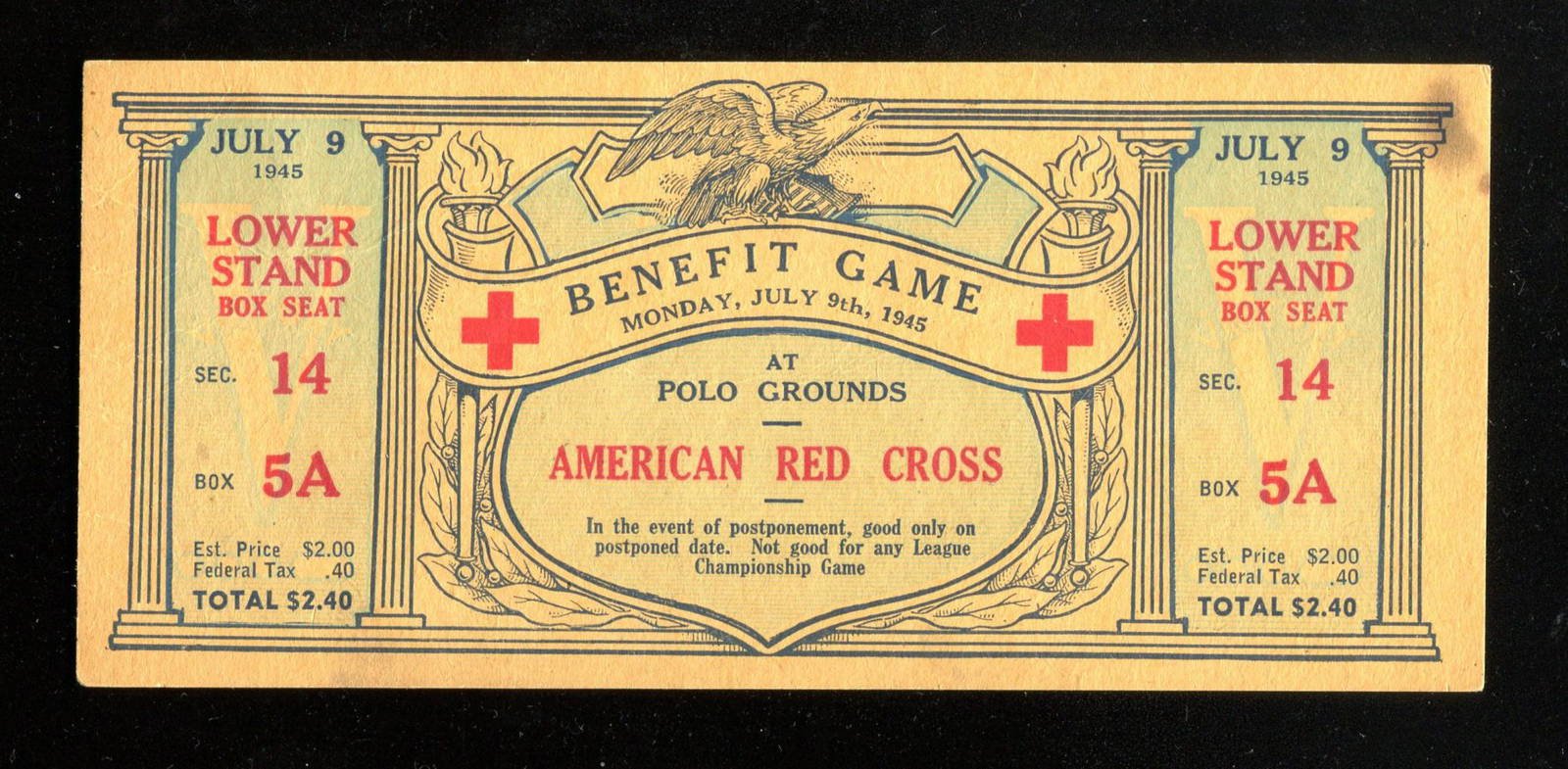 1945 Polo Grounds American Red Cross Game Ticket Auction