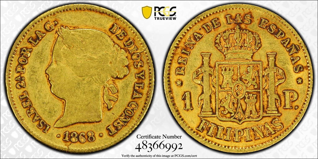 Spanish Philippines 1868 1 Peso Pcgs Graded Vf35