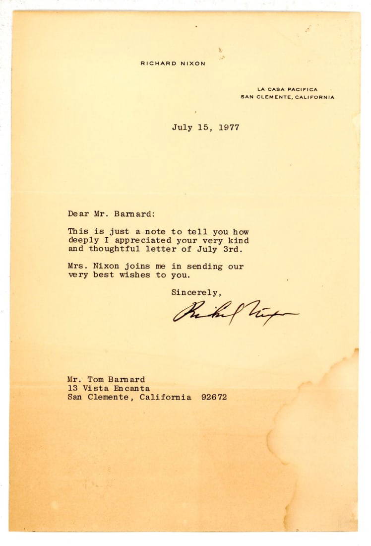 Richard Nixon Typed Letter Signed - Jsa Auction