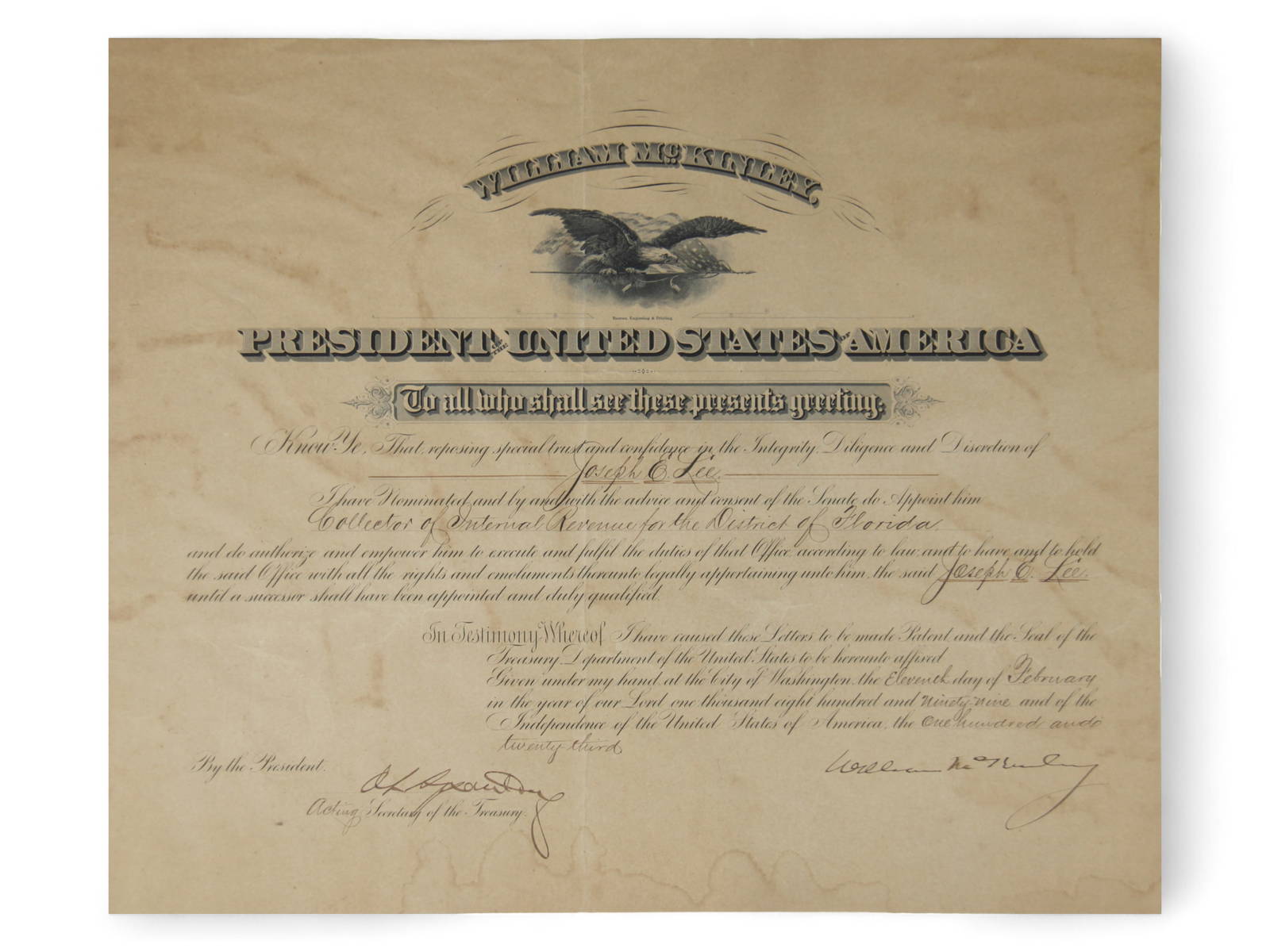 President William Mckinley Signed 1899 Appointment Auction