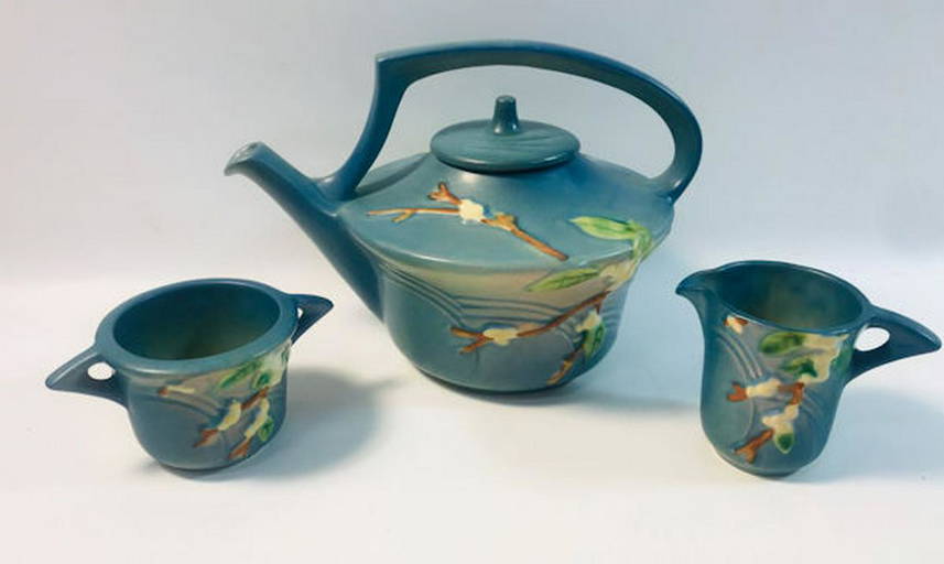 3 Piece Roseville Pottery Blue Snowberry Tea Set