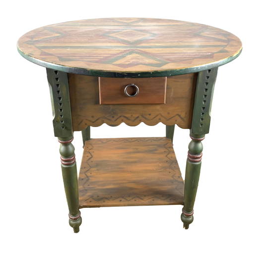 Primitive Style Tall Round Top End Table With Carved