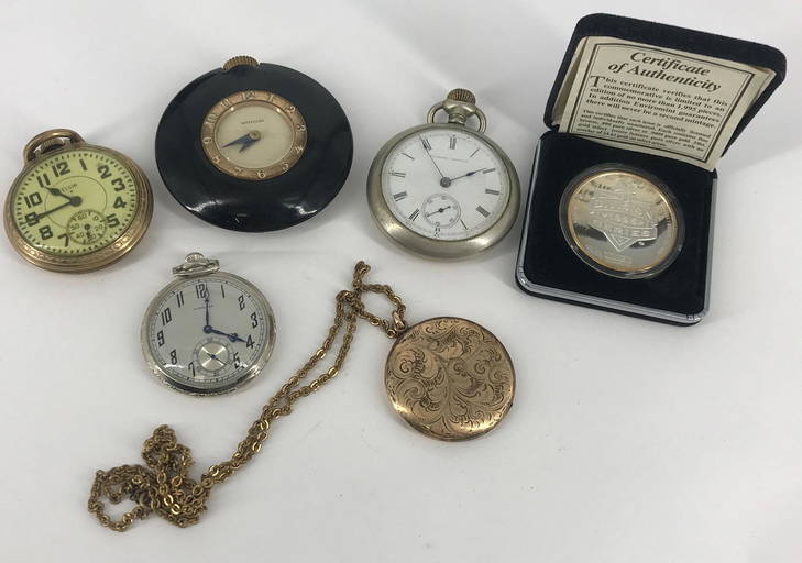 Silver Token, Four Pocket Watches, And One Vintage