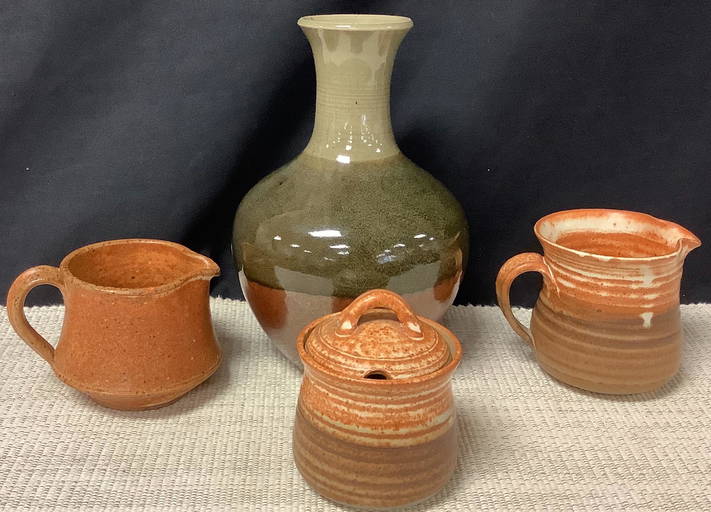 Lot Of 4 Pottery Pieces. 3 Marked Stevens. Vase 9”