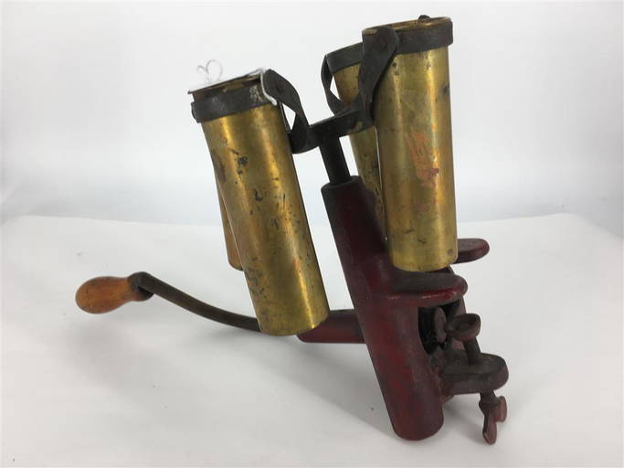 Vintage Problematic Tool With Hand Crank And Four Brass