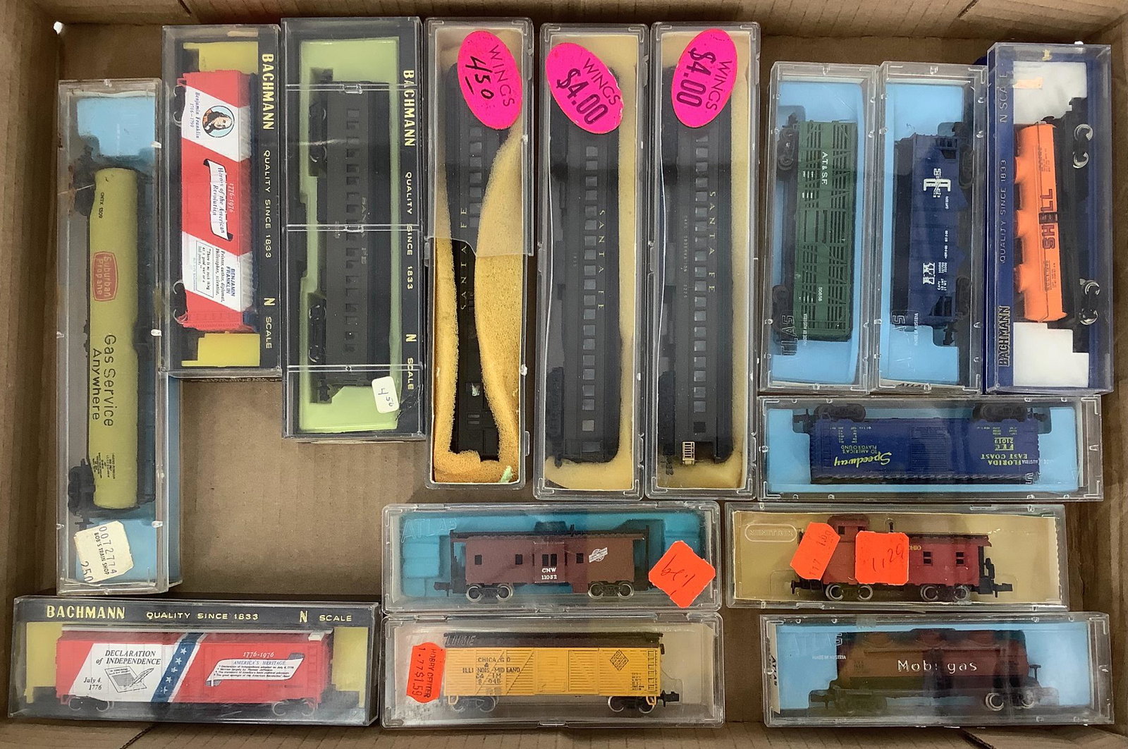 Eleven N Scale Freight Cars And 5 Sf Passenger Cars.