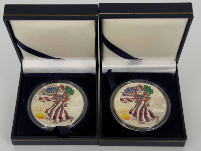 Two Colorized U.s. Silver Eagles