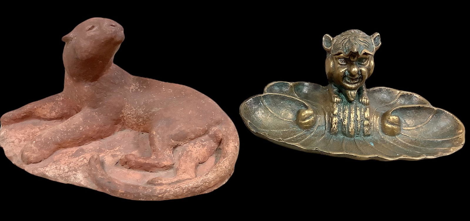 Victorian bronze devil imp inkwell and red clay sculpture of panther 10 ...
