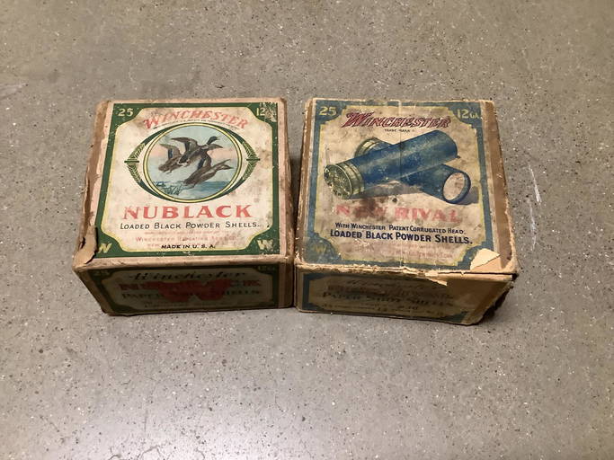 Lot of Winchester .12 gauge loaded black powder shells. (Green box is ...
