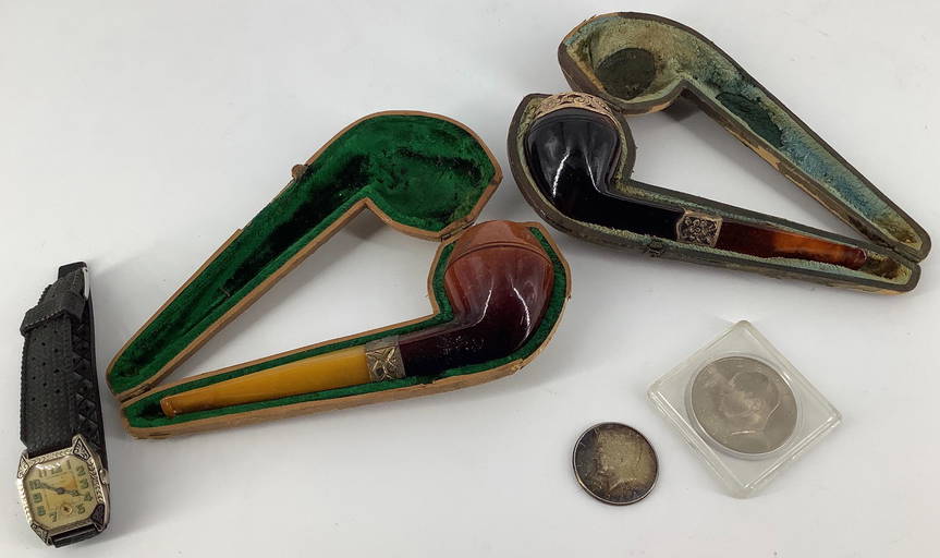 Pipes In Cases, Coins, And Vintage Wrist Watch
