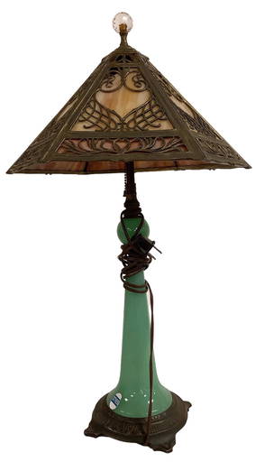 23" Lamp W/ Slag Glass Shade. Slag Broken In One Spot Of Shade