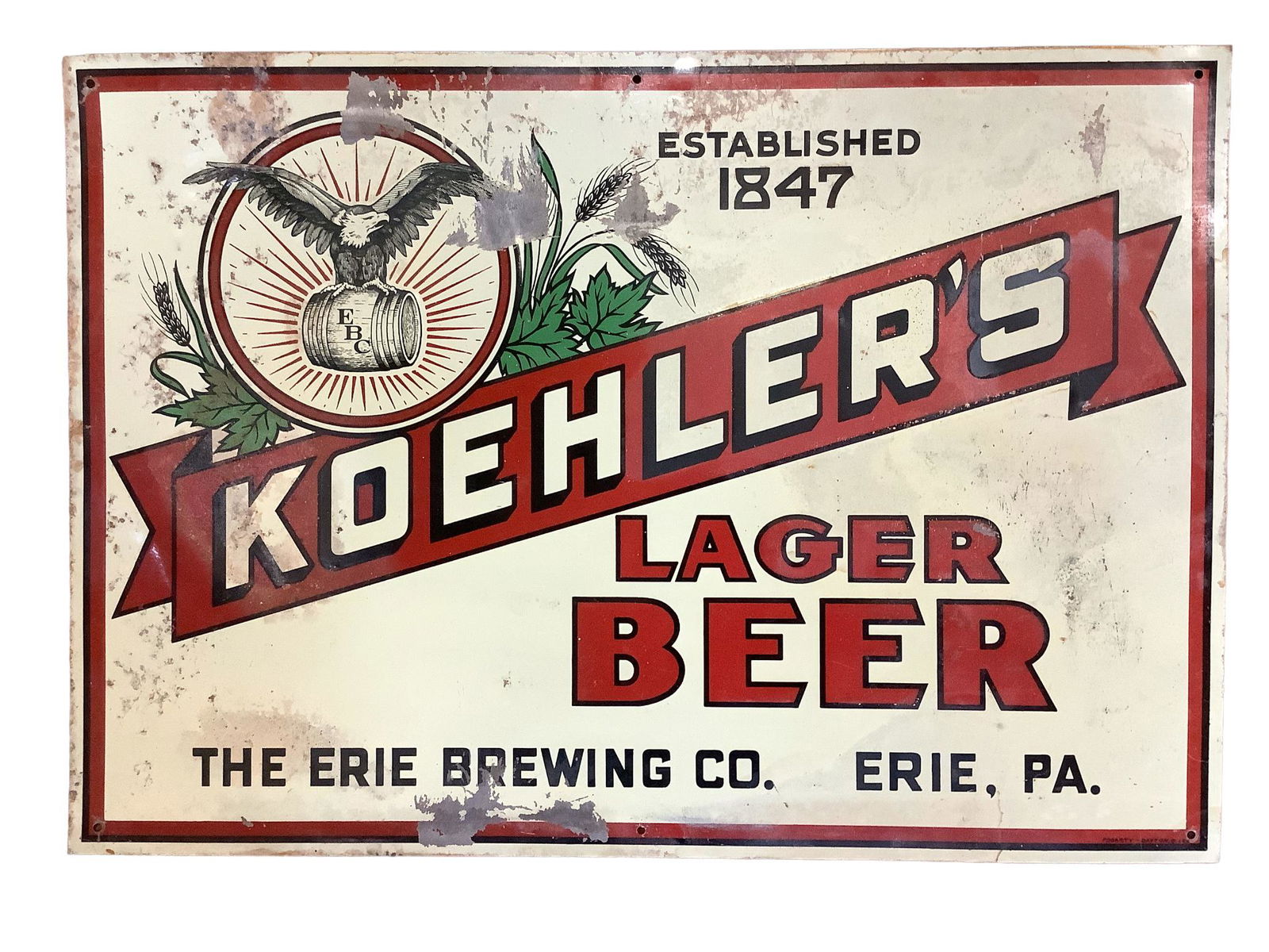 Vintage Koehler's Lager Beer Metal Painted Advertising Sign Measuring ...
