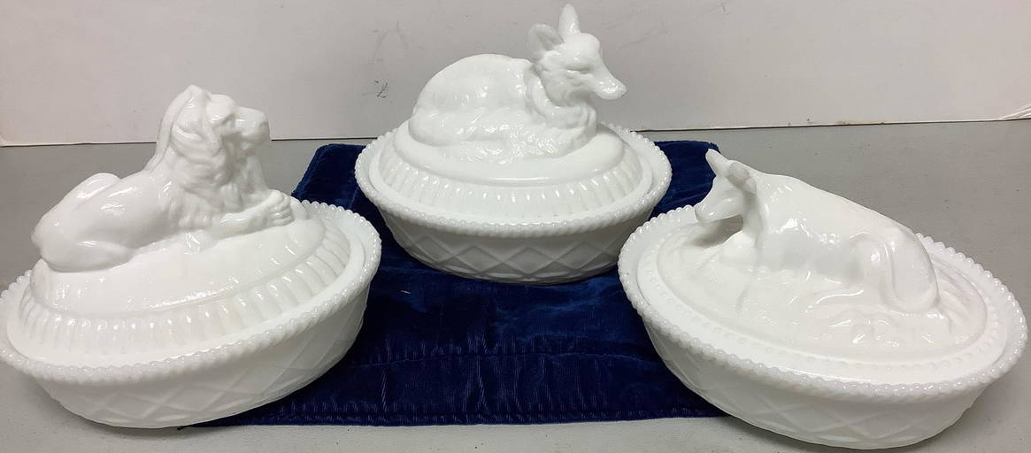 Lot of 3 larger milk glass covered dishes @ approx 7 1/2” long and with ...