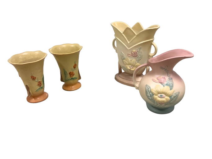 Hull pottery 8.5” vase and 7” pitcher. Two Roseville pottery vases. 6 ...