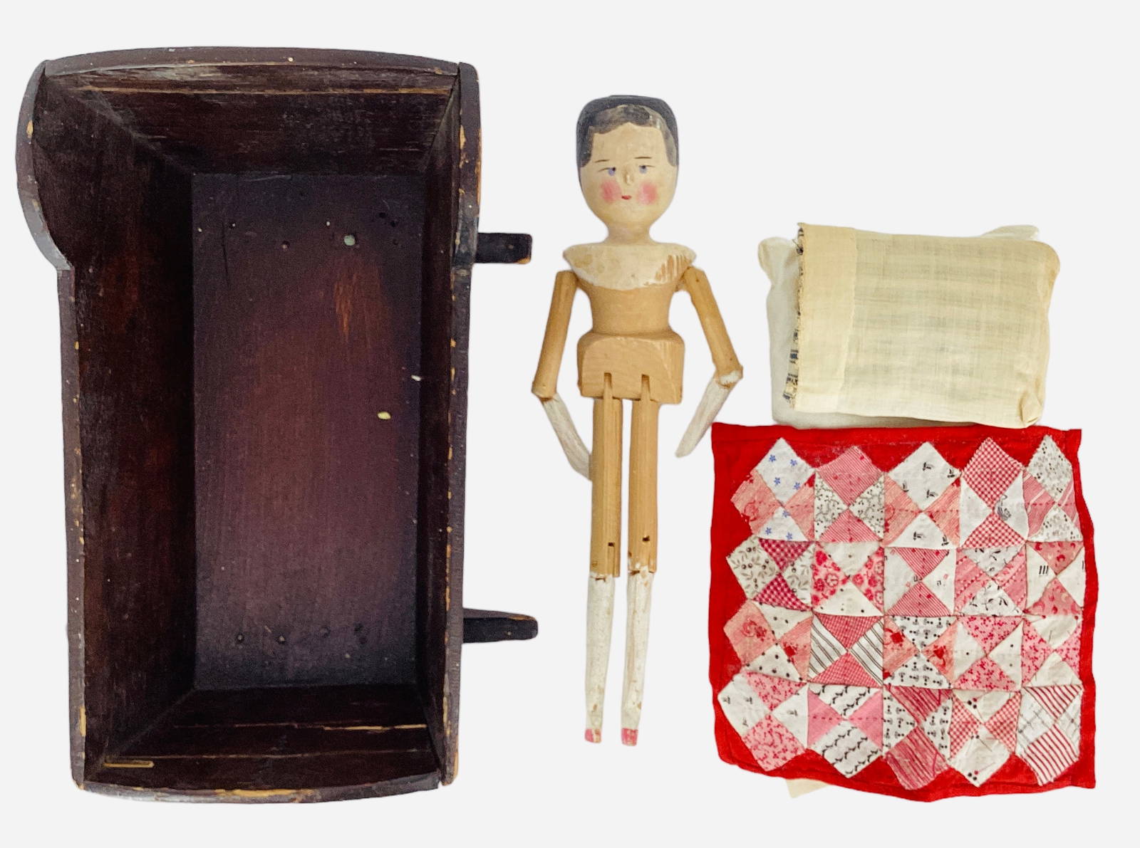 Peg Wooden "dutch Doll" In Cradle. Auction