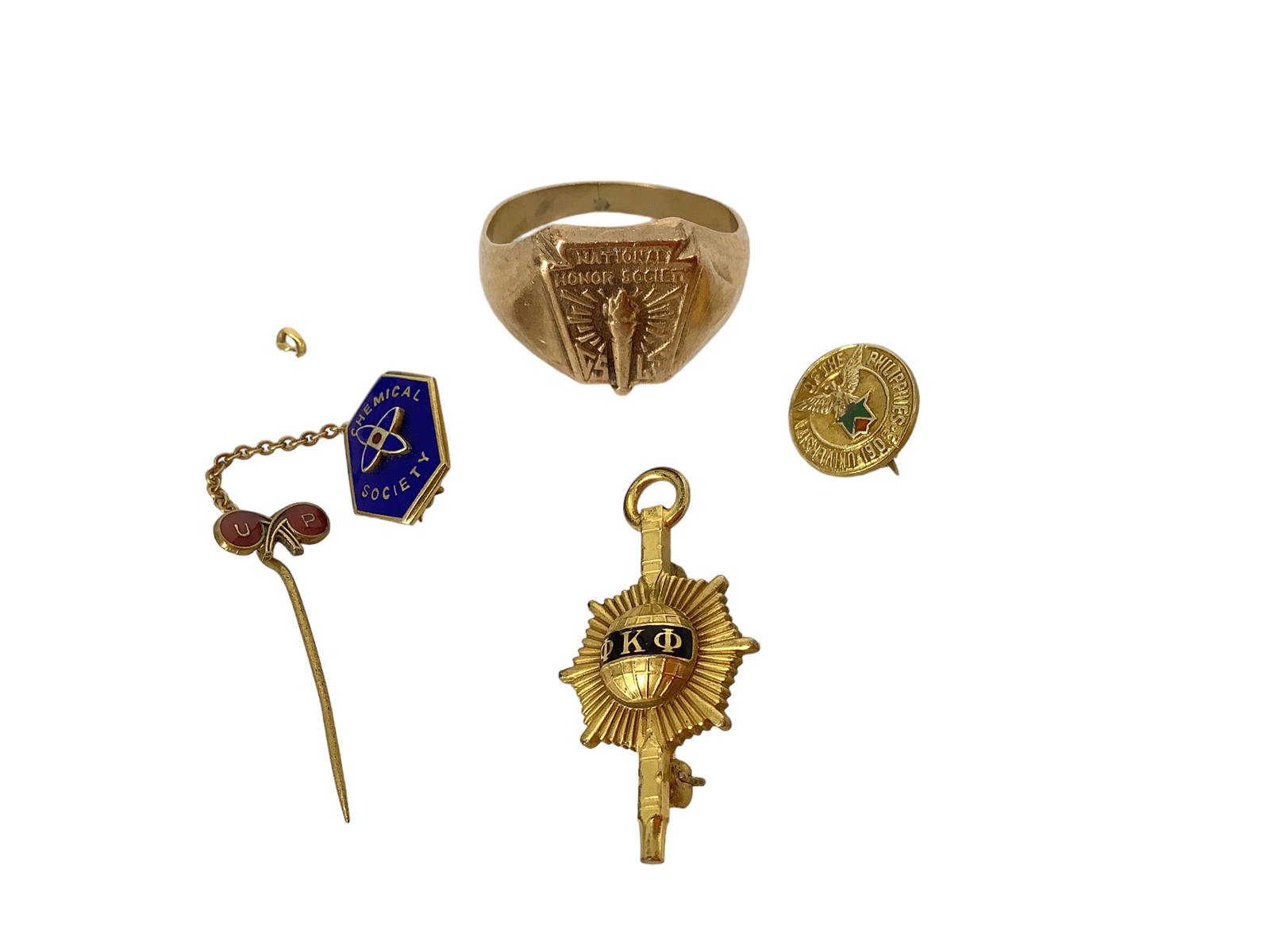 14k Nhs Ring, Three Enamel Pins Auction