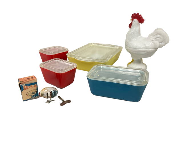 Vintage Pyrex Refrigerator Set, Candy Dish Rooster, Pecking Chicken ...