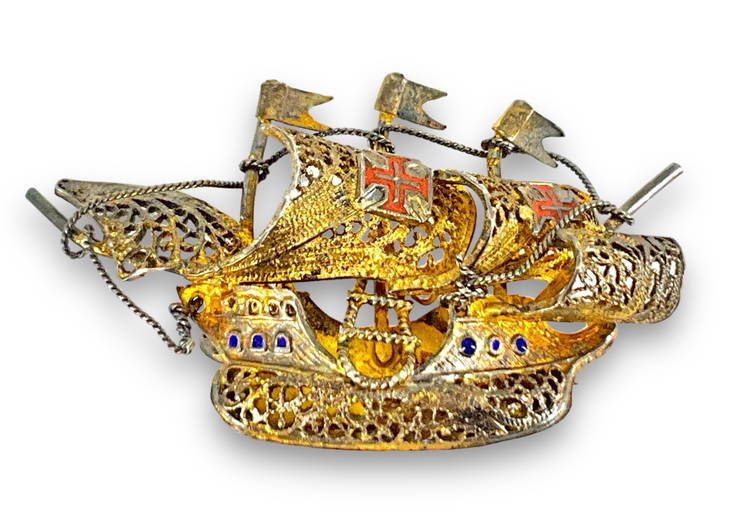 Rare Sterling Silver/vermeil Topazio Portugal Sailing Ship Pin/brooch