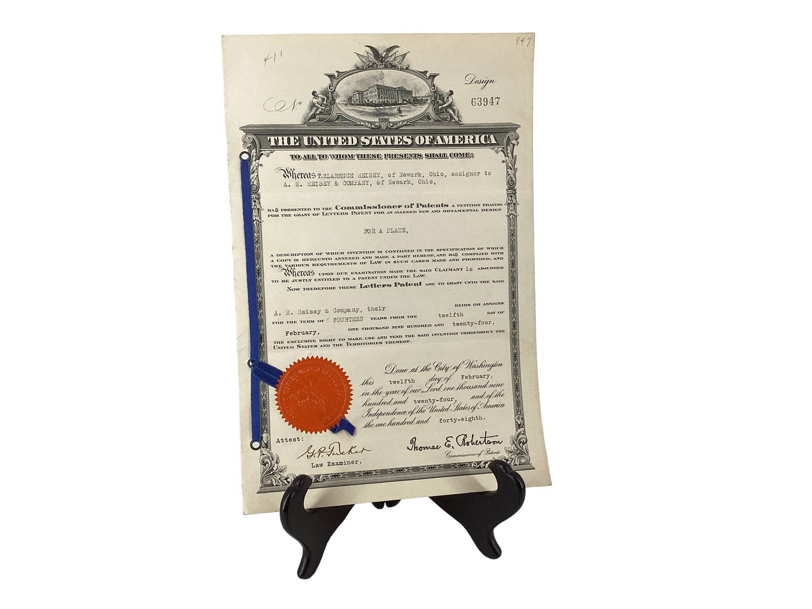 Heisey 1924 Original Usa Patent #411 Plate To T. C Heisey Auction