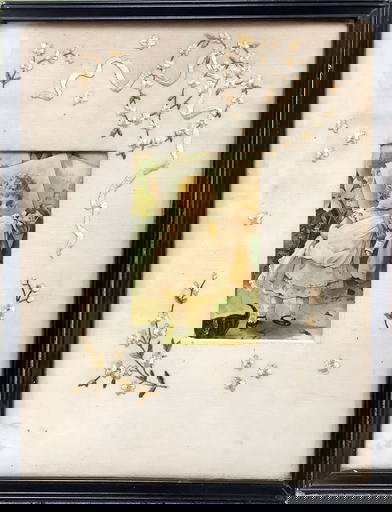 Vintage Framed Print With Embroidered Mat Print 4 3/4 X 3 1/4 In. (12.1 ...