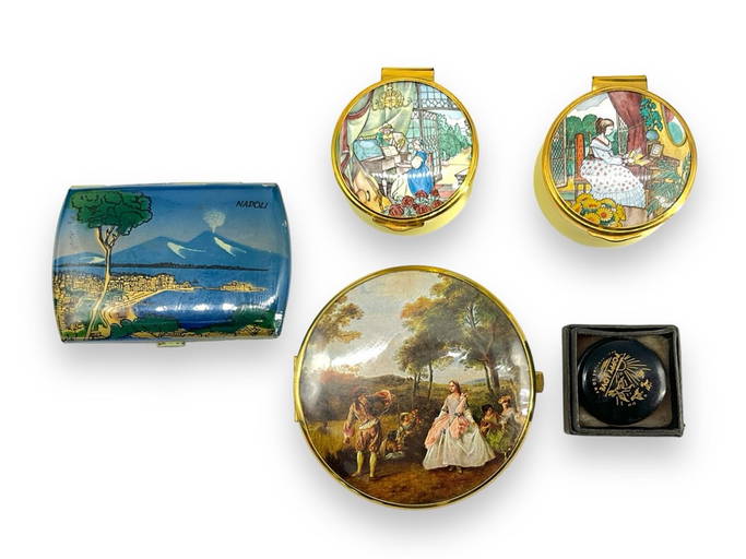 Vintage Enamel Trinket Boxes, Vintage Compact And Sundries