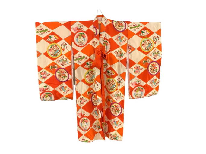 1950's Kimono Vermillion Block Pattern With Gold.