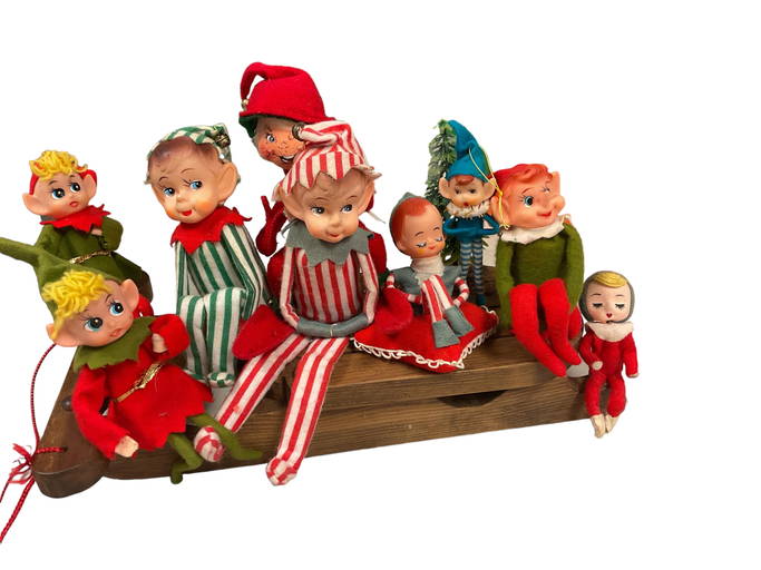 Decorative Sled With (8) Elves And Annalee Red Elf