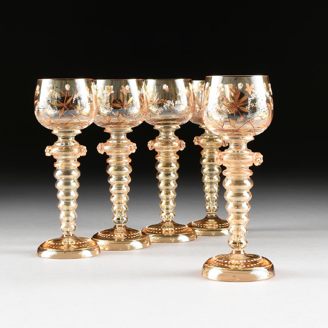 A SET OF FIVE FRITZ HECKERT BOHEMIAN PRUNTED ROEMER