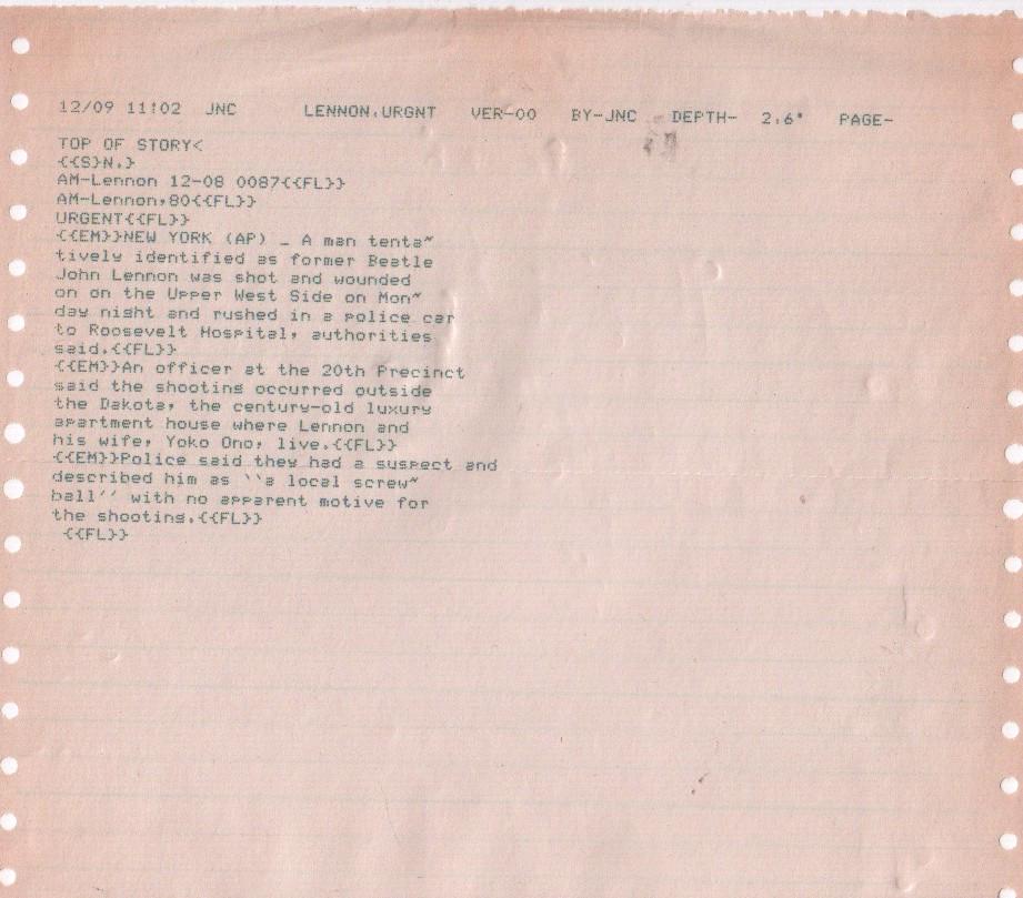 John Lennons Death On Original Teletype