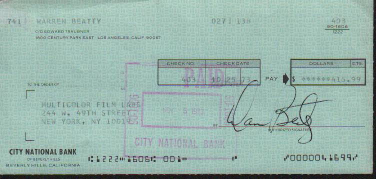 Warren Beaty scarce signed bank check (#0144) on Jul 24, 2022 | Piece ...