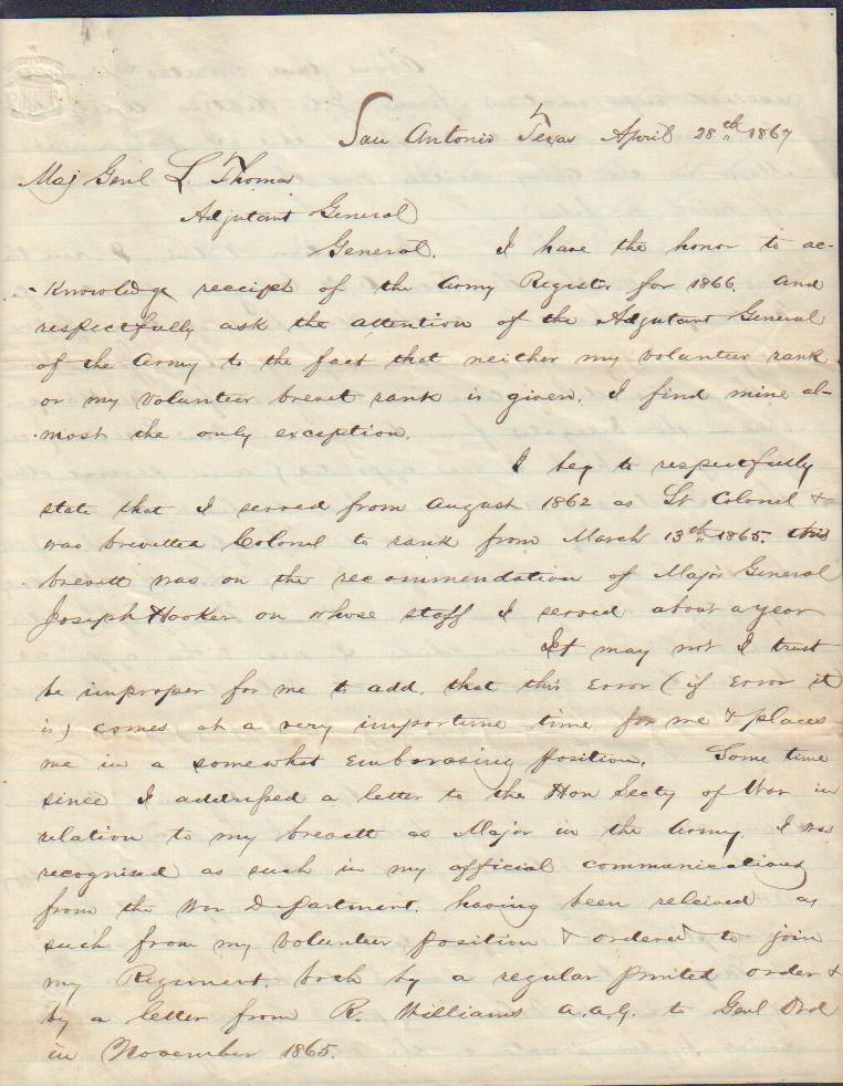 Maj Gen Thomas Letter To Capt Sh Lathrop Great Content 1867