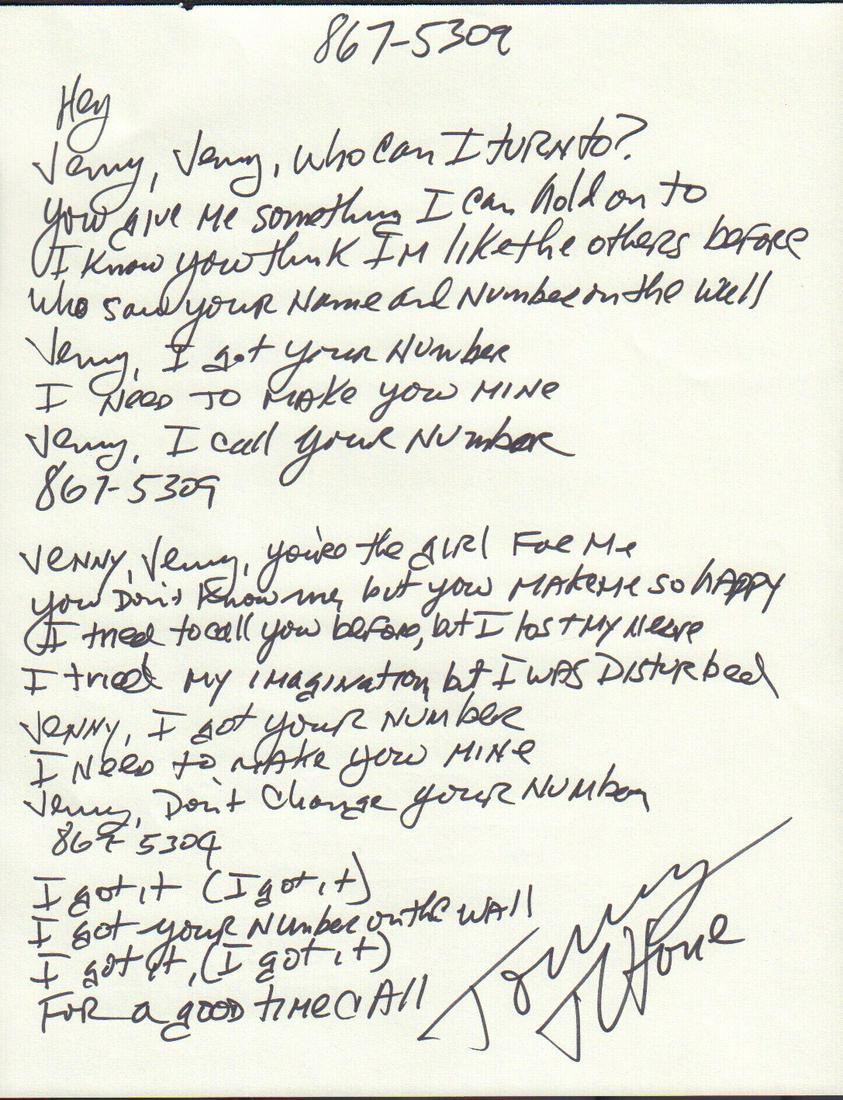 Rare Lyrics To Tommy Tutone Classic Jenny 867-5309 Auction