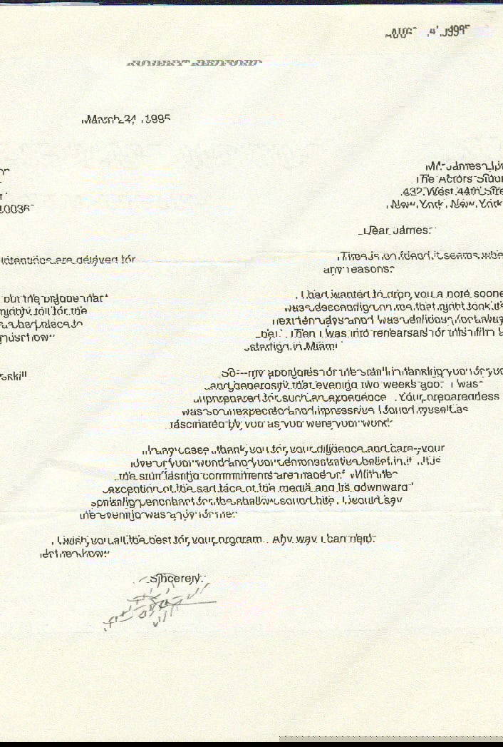 Robert Redford Signed Letter To James Lipton Auction