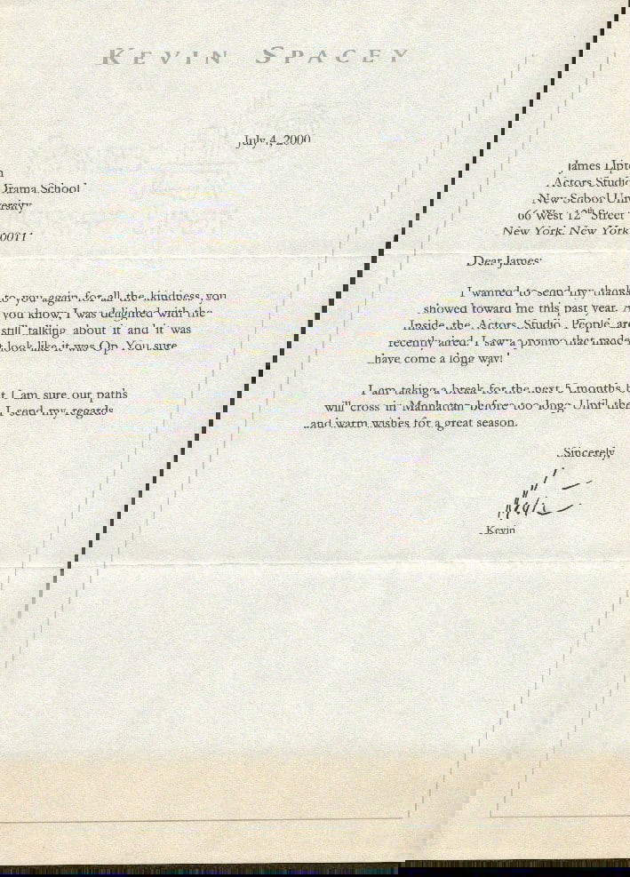 Kevin Spacey Signed Letter To James Lipton Auction