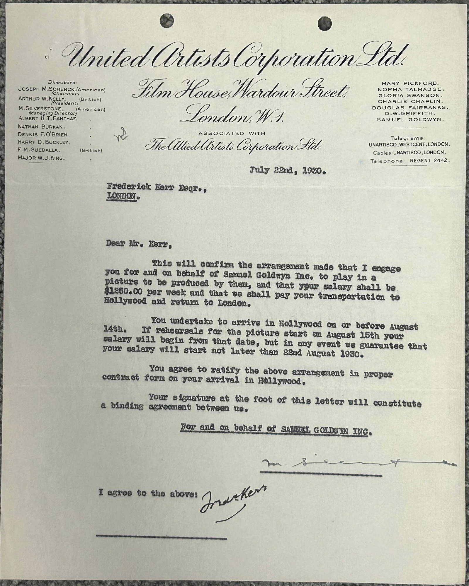 Frederick Kerr Baron Frankenstein Rare Signed Contract Auction