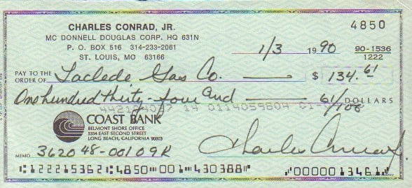 Charles Conrad Signed Bank Check