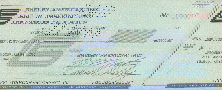 Carroll Shelby Bank Check Signed Auction
