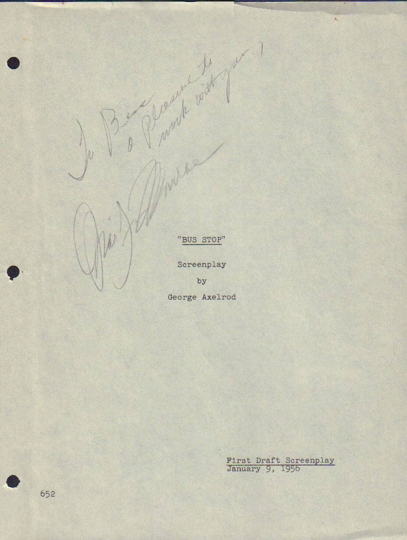 Marilyn Monroe Signed Bus Stop Script Title Page Auction