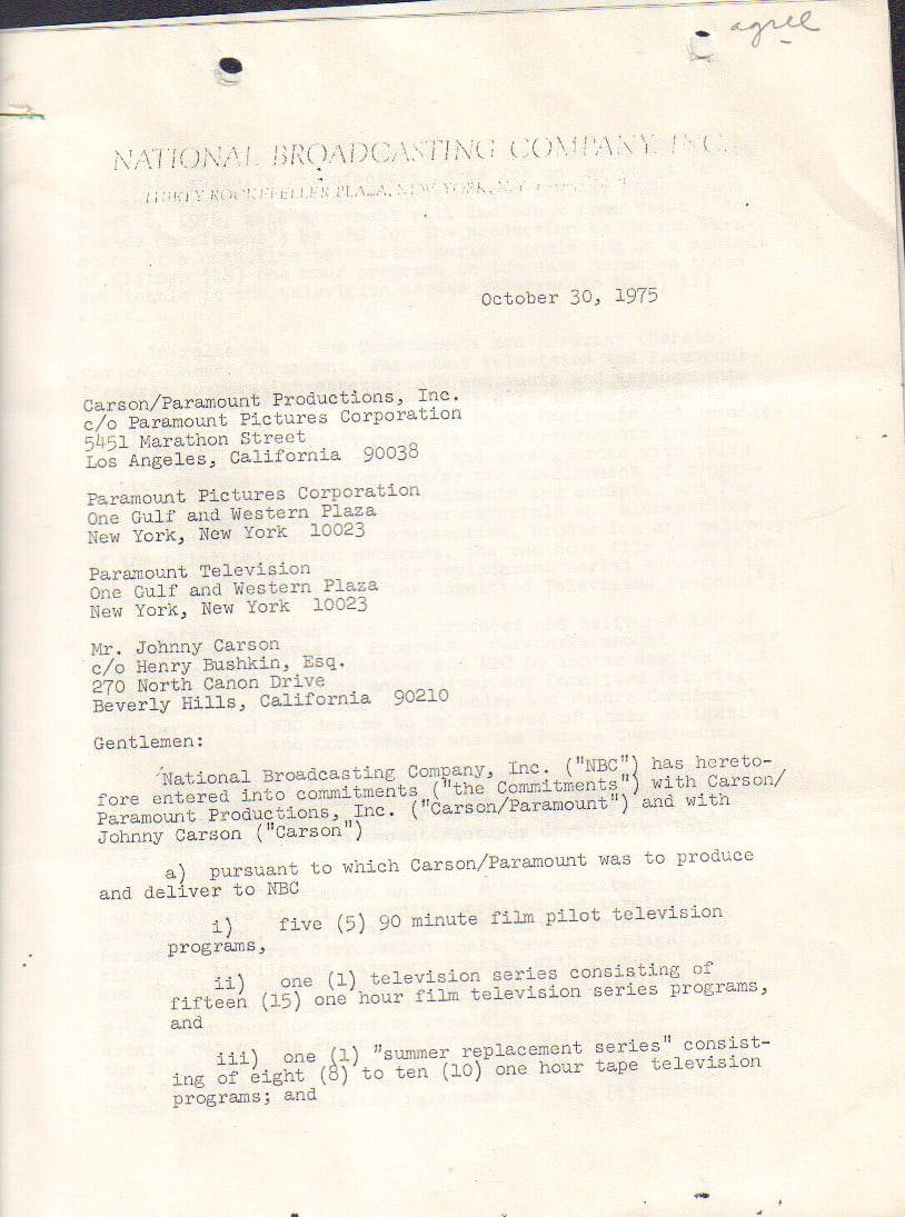 Historic Johnny Carson Contract Signed Auction