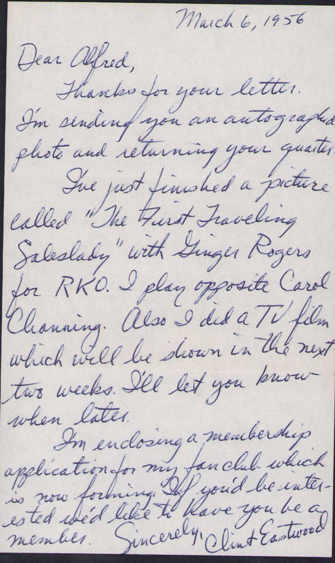 Clint Eastwood Earliest Known Letter Auction