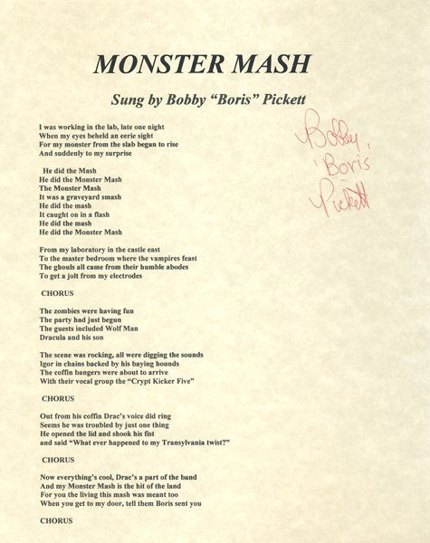 Bobby "Boris" Pickett Signed "Monster Mash" Lyrics