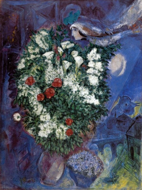 Bouquet with Flying Lovers by Marc Chagall - Lithograph