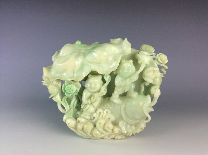 Rare Chinese Carved Jadeite Table Set, Decorated