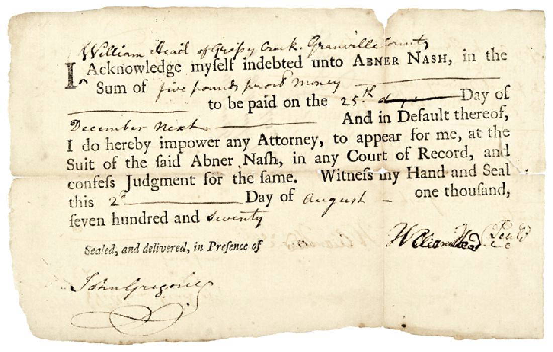 Rare Nc 1770 Governor Abner Nash Promissory Note - Oct 21, 2017 | Early ...