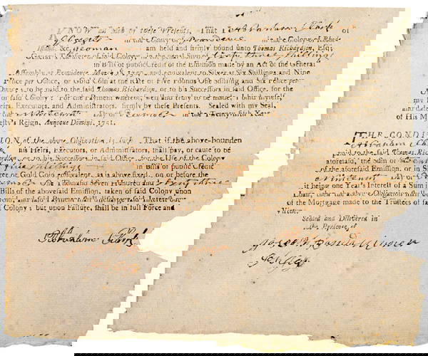 Colonial Currency, Ri, 1751, Signed Money Bond