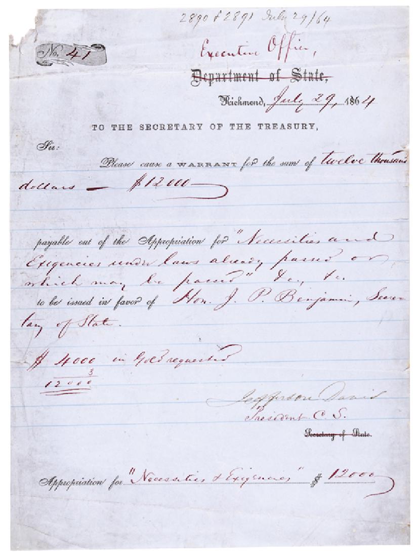 JEFFERSON DAVIS Signed Order of $12,000 In GOLD